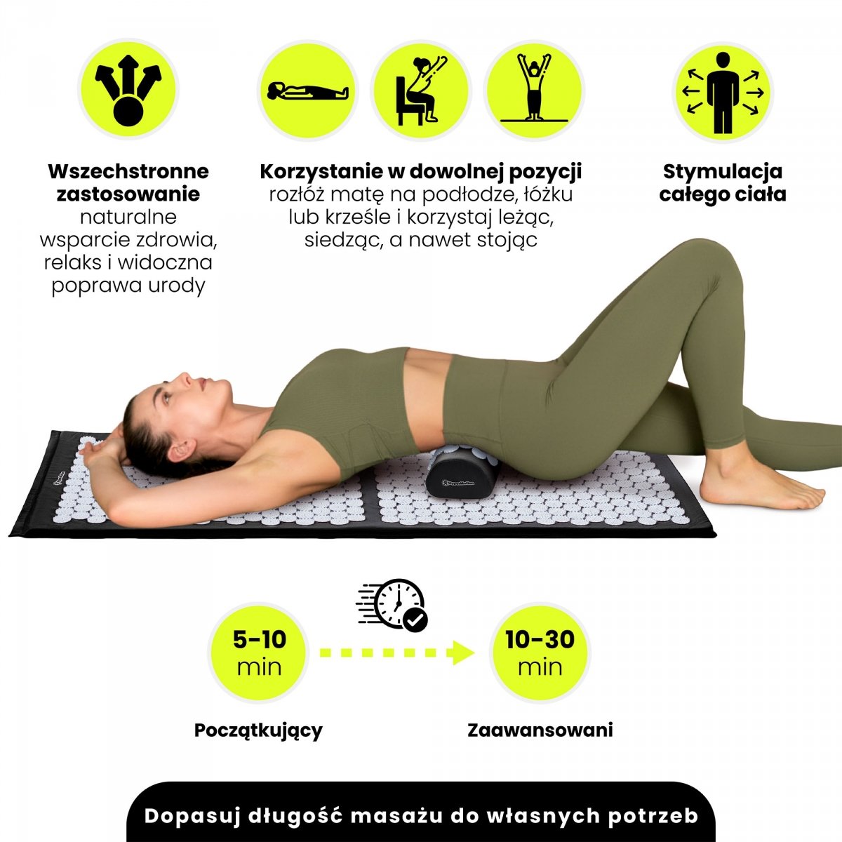 Duża mata do akupresury z poduszką i pokrowcem - 130 cm HyperMotion ...