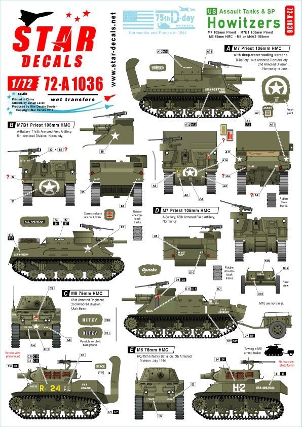 Star Decals 72-A1036 US S.P. Howitzers. M7 Priest, M8 HMC and M4 (105mm ...