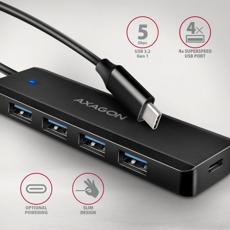 AXAGON HUE-C1C 4-portowy hub USB 5Gbps Travel, USB-C power IN, kabel ...