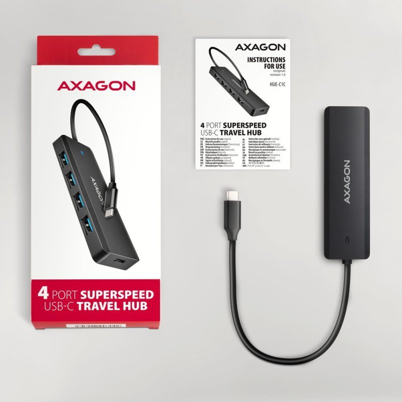 AXAGON HUE-C1C 4-portowy hub USB 5Gbps Travel, USB-C power IN, kabel ...