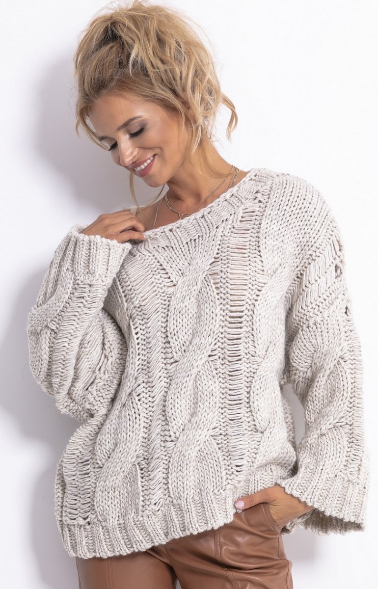 Ciepły oversizowy sweter beżowy F776 - Modne swetry damskie - Sklep ...