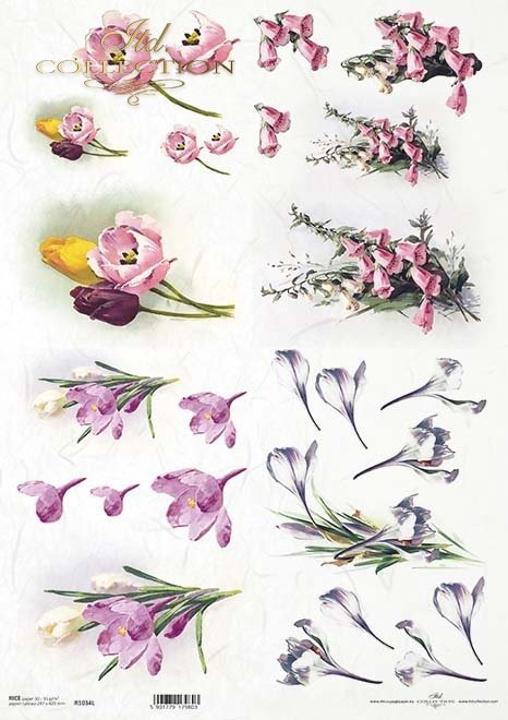 Rice paper A3 R1034L - spring flowers, foxglove, tulip, crocus