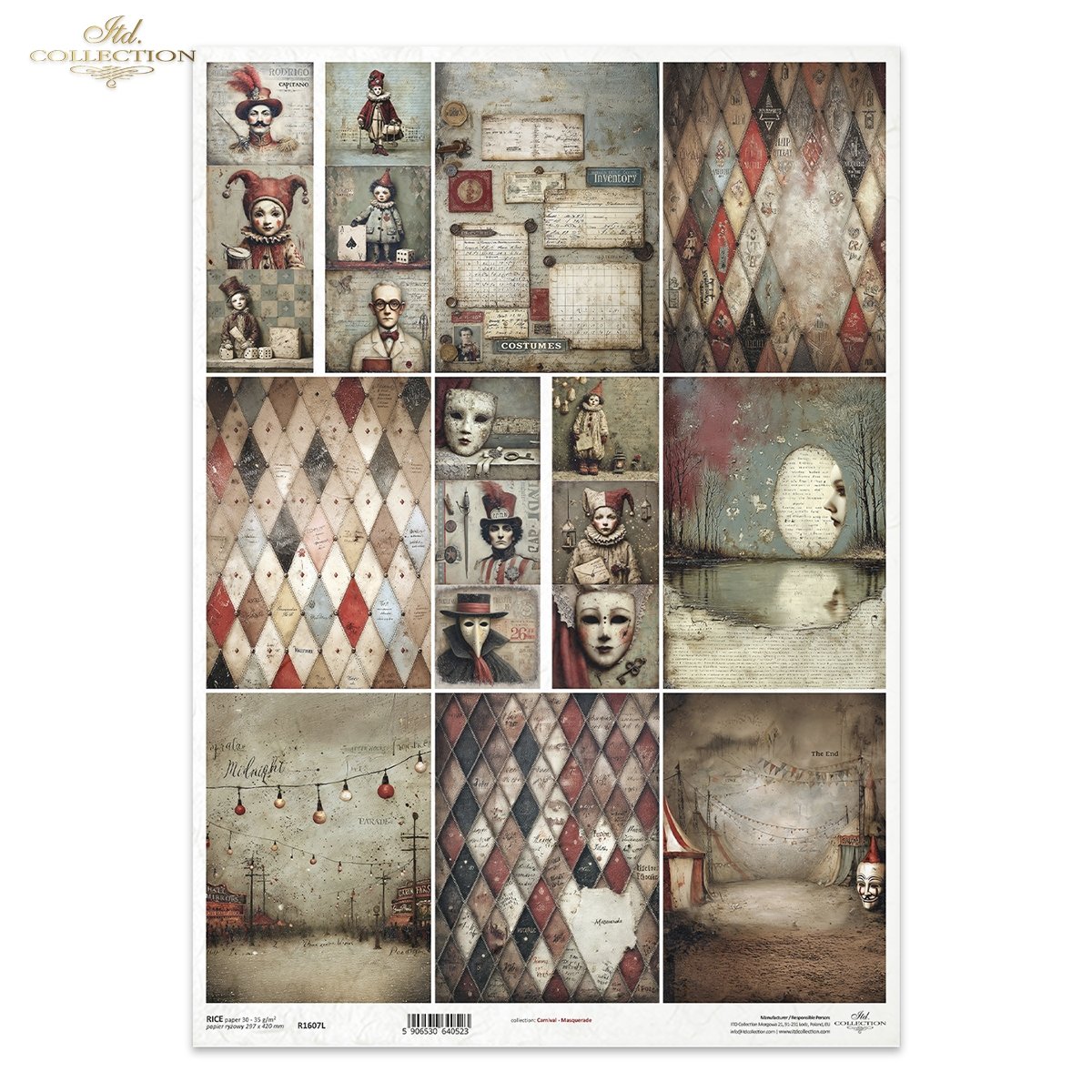 Rice paper A3 R1607L - carnival, masquerade, masks, harlequin, commedia ...