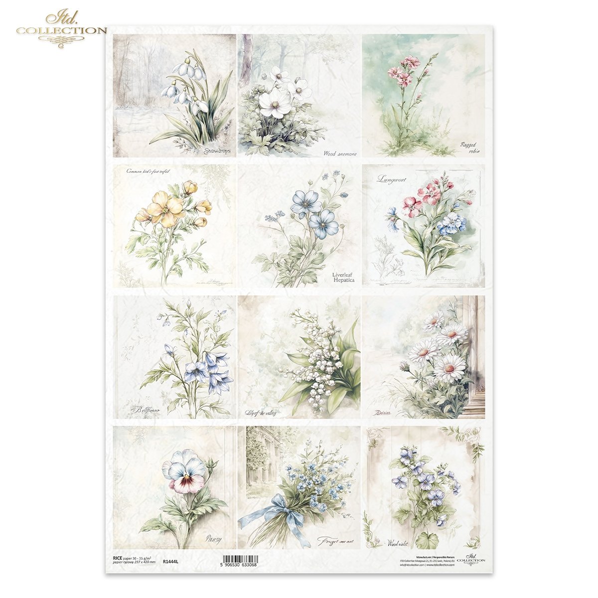 Rice paper A3 R1444L - flowers, snowdrops, anemones, marsh comfrey ...